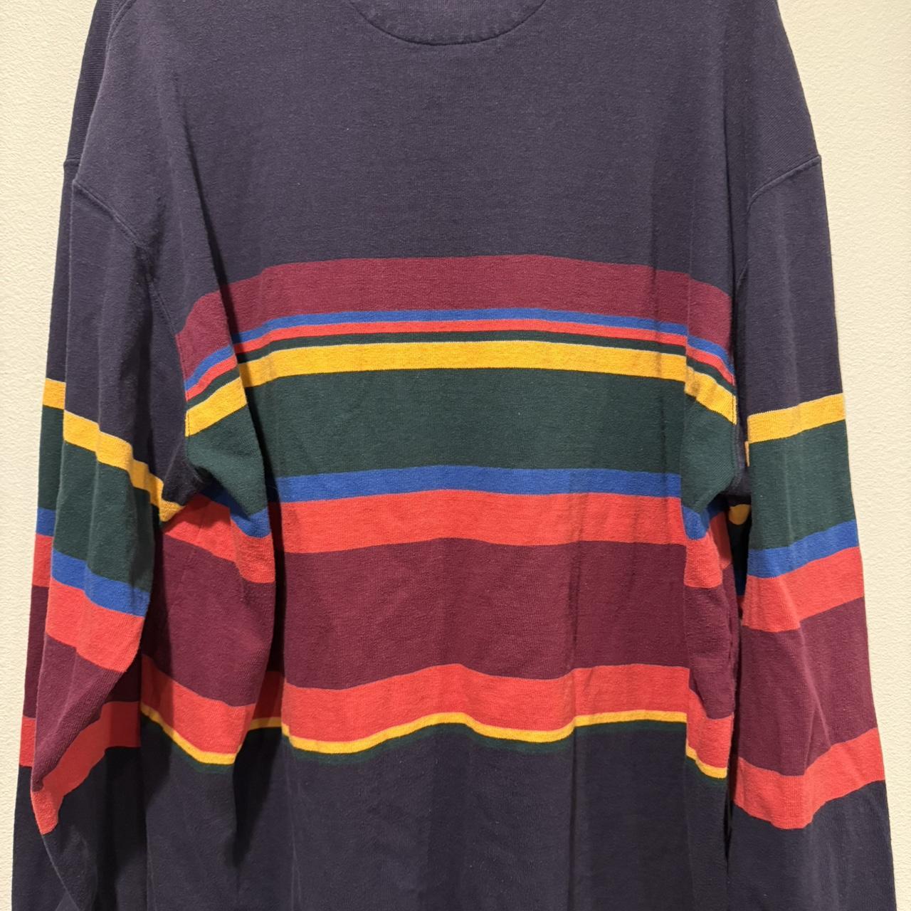 Navy and multi-coloured striped rugby shirt | Depop