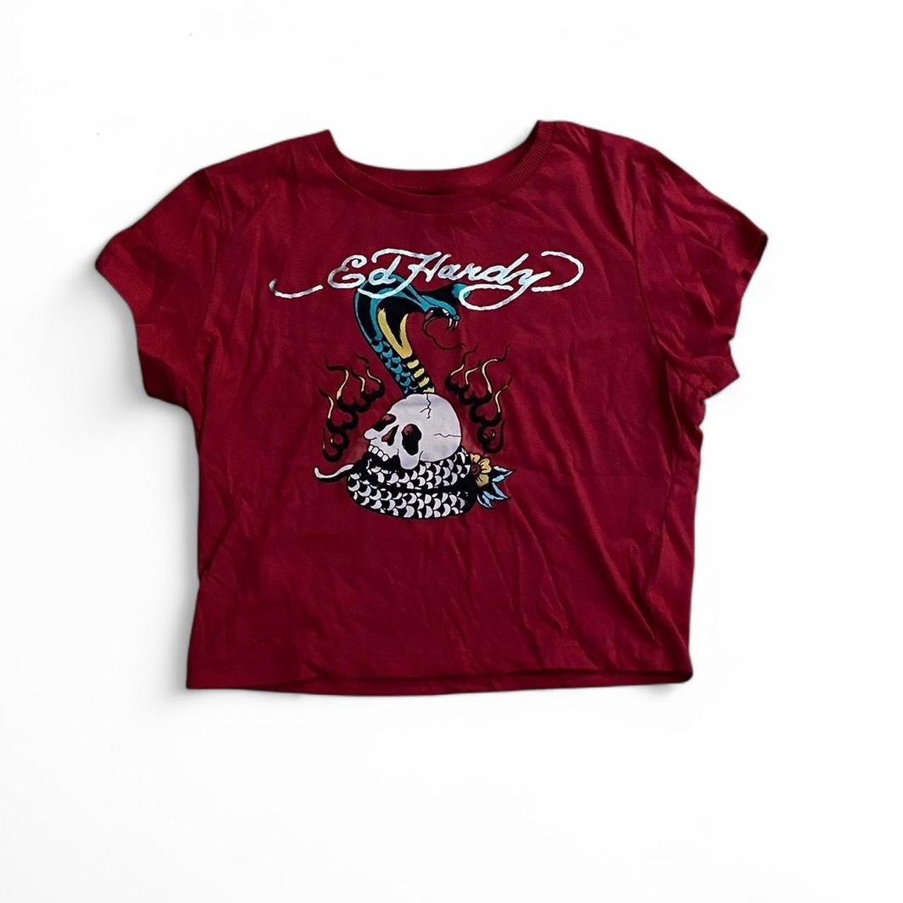 Red Ed Hardy baby tee with snake and skull design... | Depop