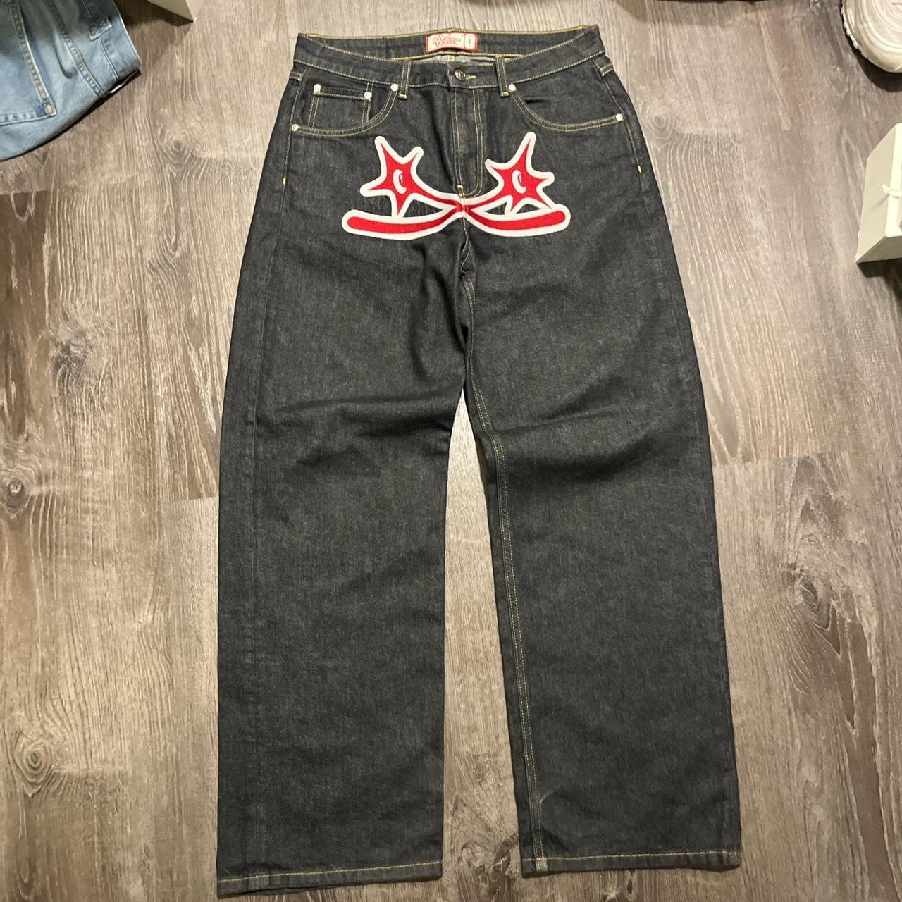 protect ldn red spike denim jeans condition 9/10... - Depop
