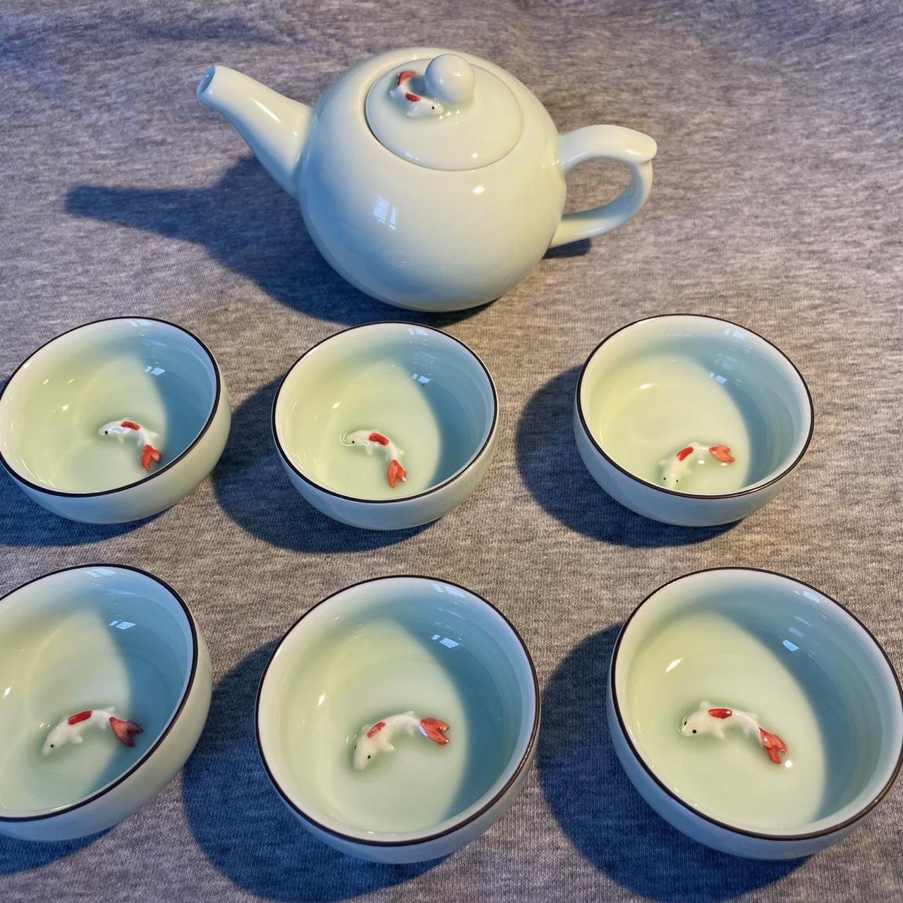 S/7 Chinese teapot set with red white fish design... | Depop