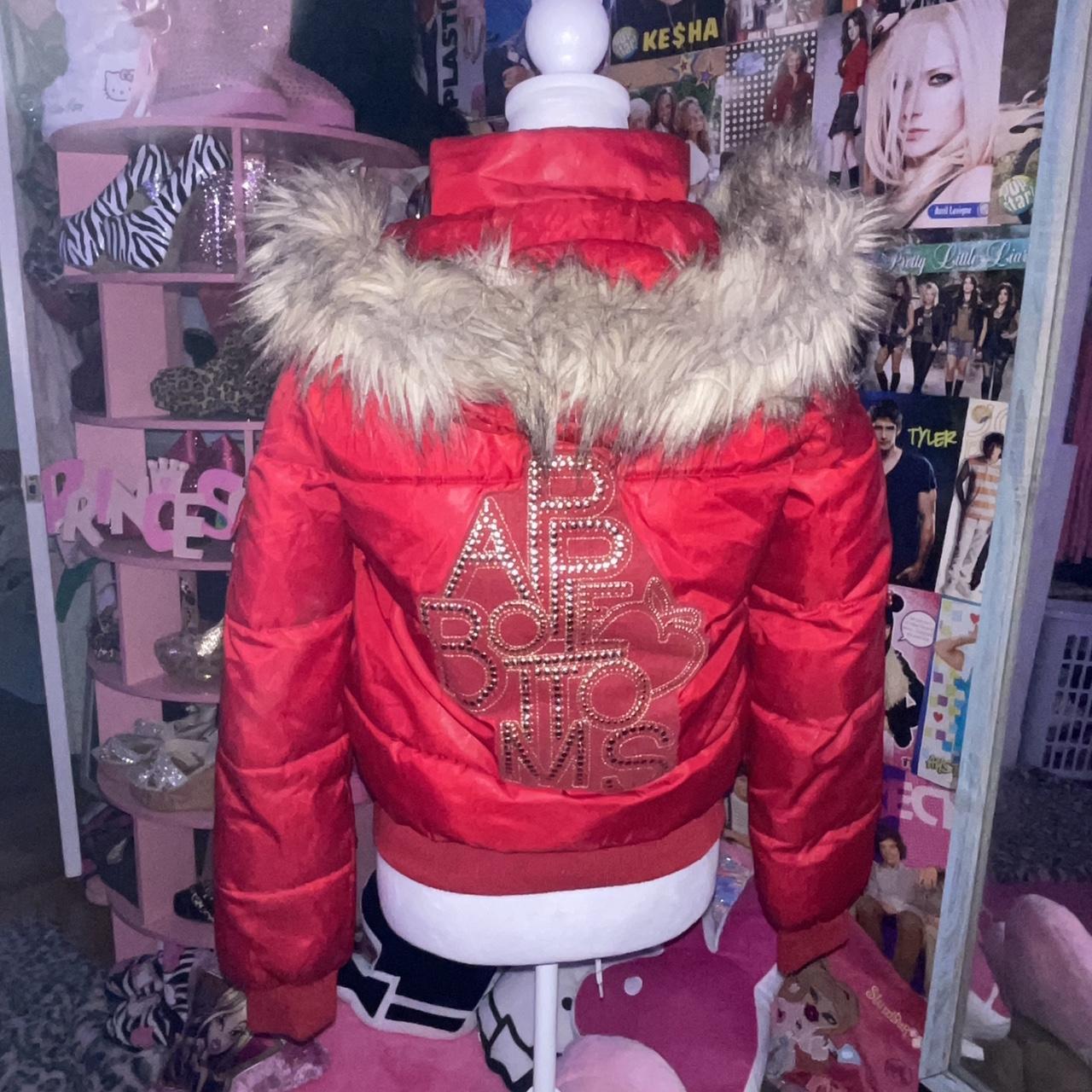 Super cute Y2K apple bottoms red fur puffer jacket... | Depop
