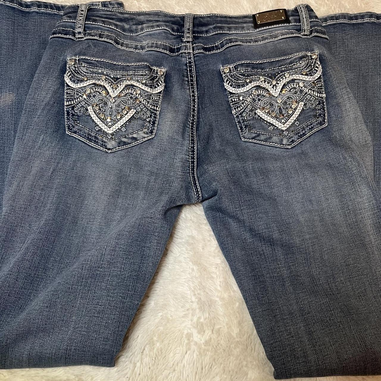 Low rise bootcut jeans with rhinestones light blue... - Depop