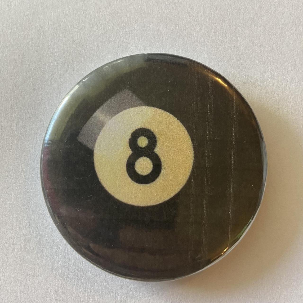 Black and white 8 ball pin/button 2.25” and hand... - Depop