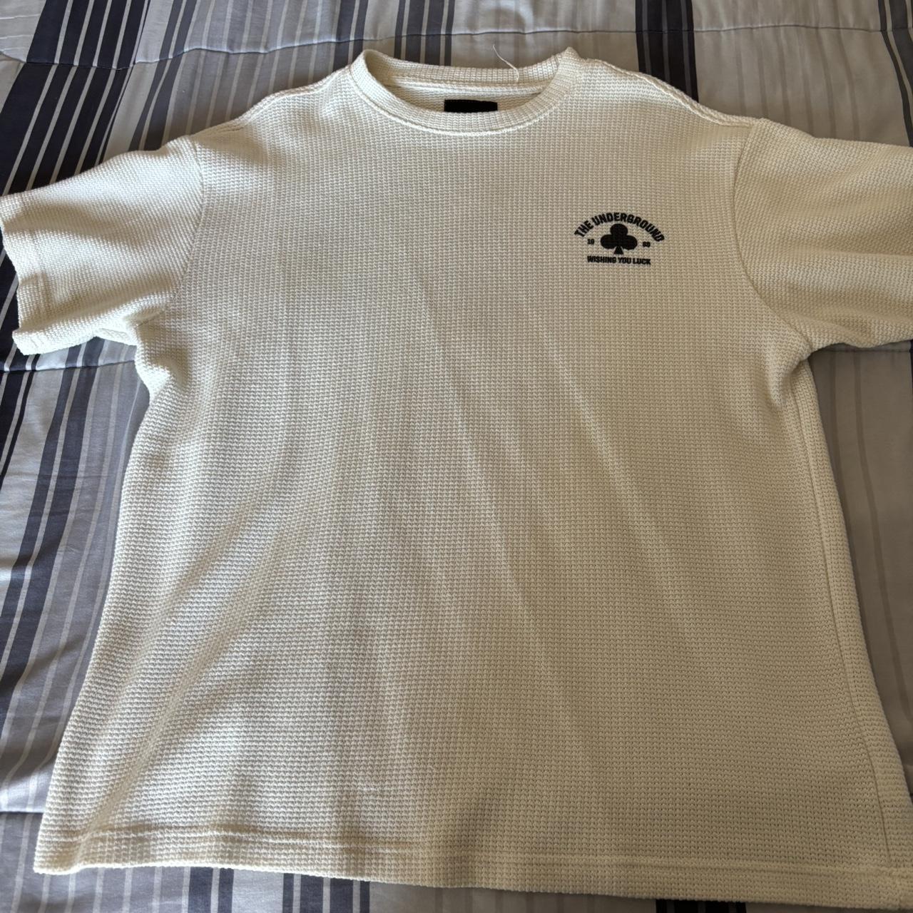 Cream and Black Mesh Graphic Tee Men’s small, fits... | Depop