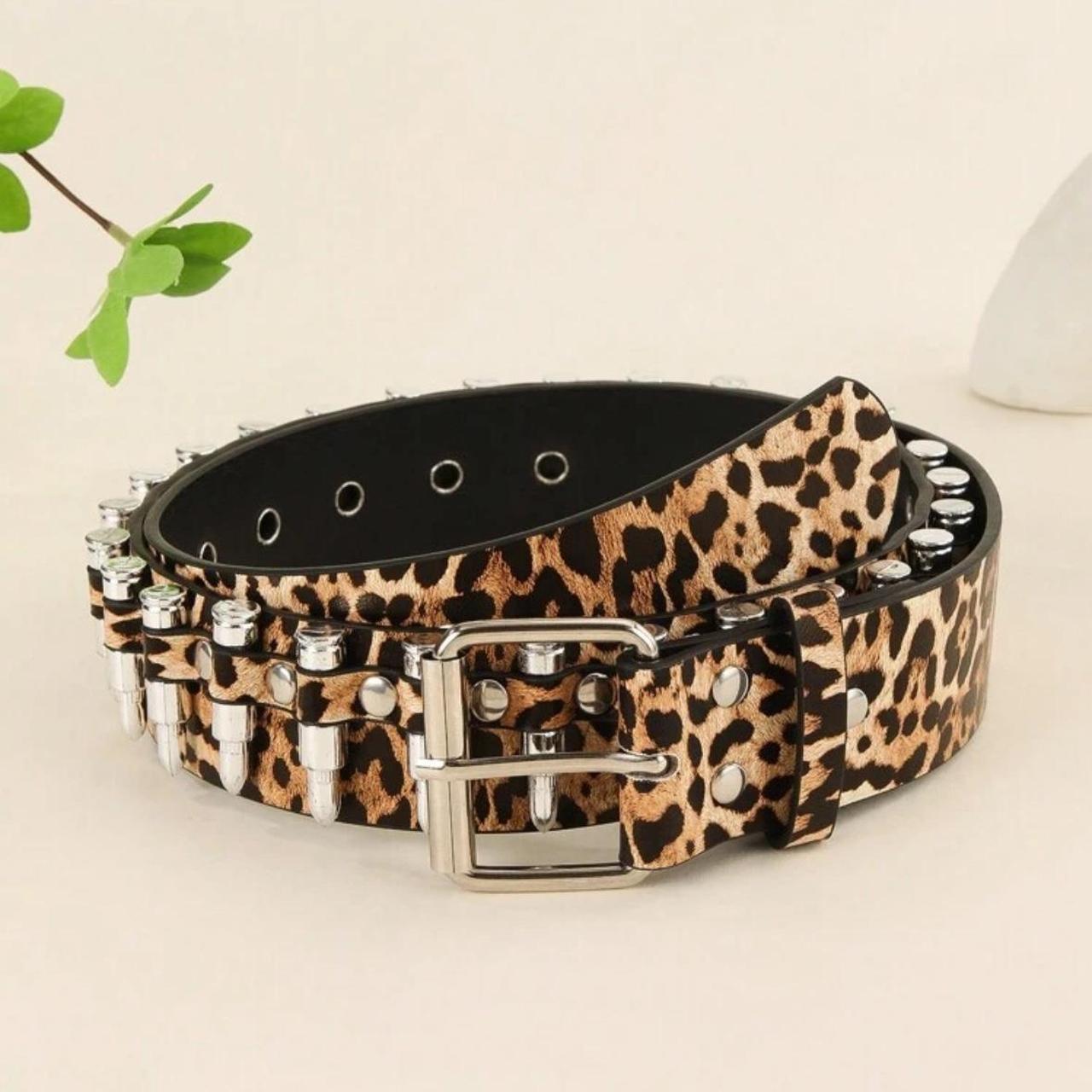 Vintage Leopard print studded belt with silver... | Depop