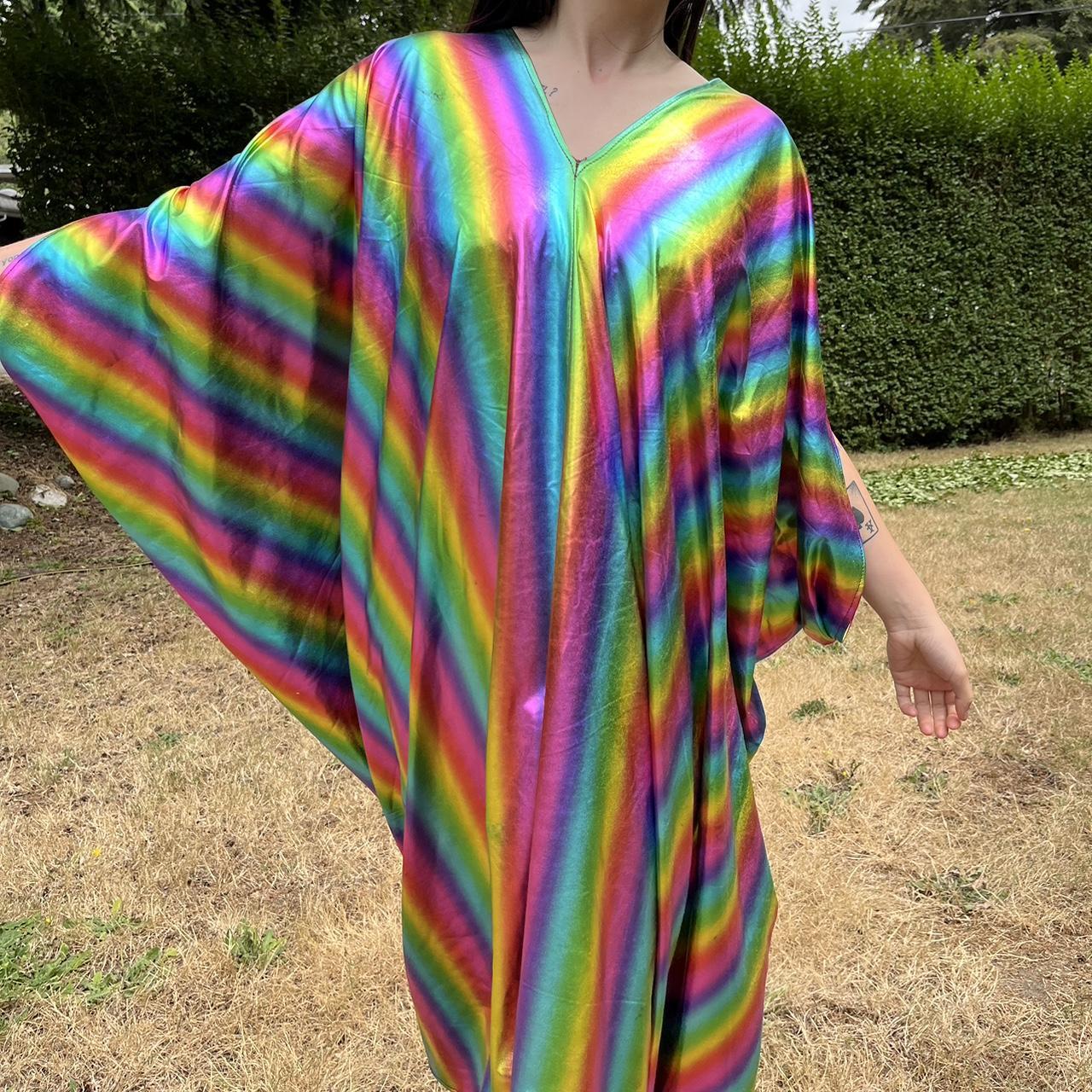 Amazing retro rainbow clown gown! Shiny spandex sort... - Depop