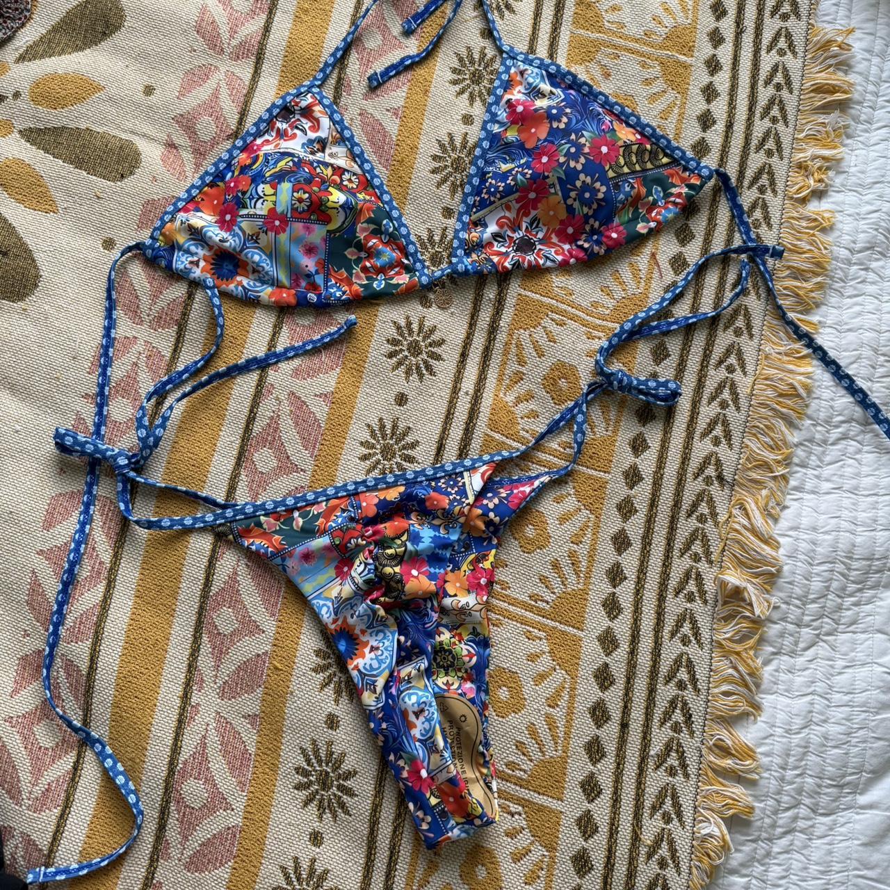 Blue and multi-coloured floral bikini set with... - Depop