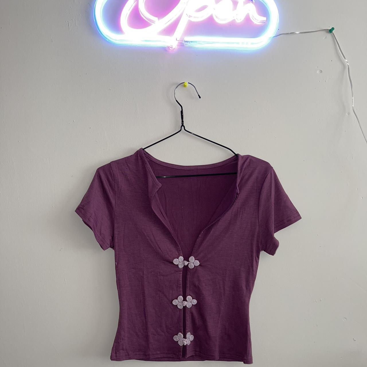 Purple low cut V neck top. Short sleeve. Buckle down... - Depop