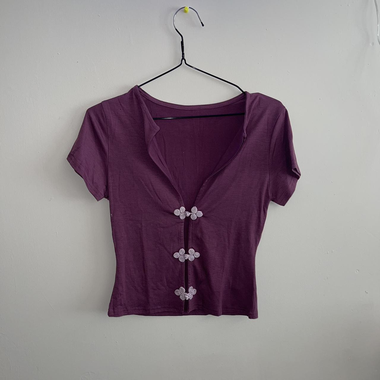 Purple low cut V neck top. Short sleeve. Buckle down... - Depop