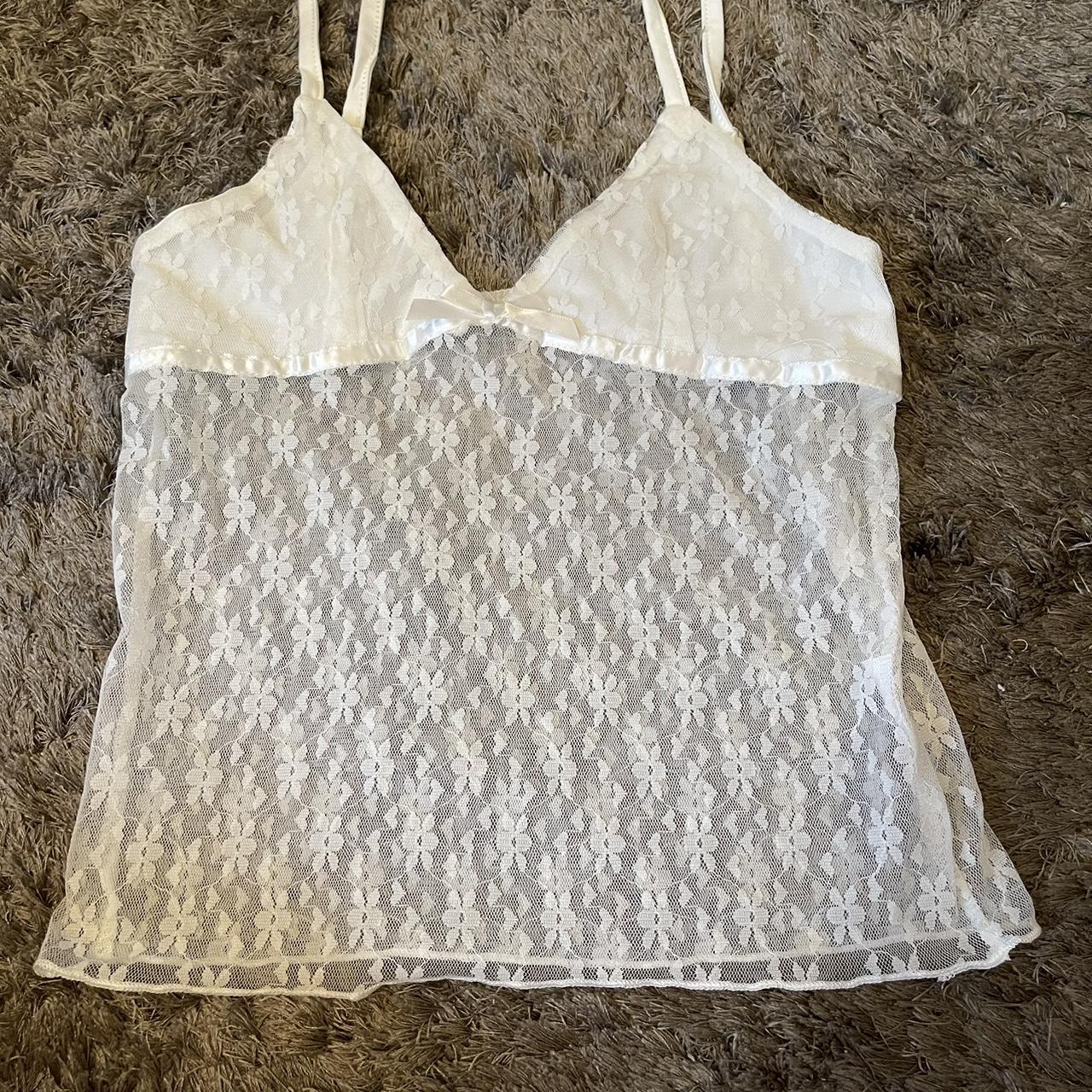 White mesh tank top. Spaghetti straps. Lace cami... - Depop