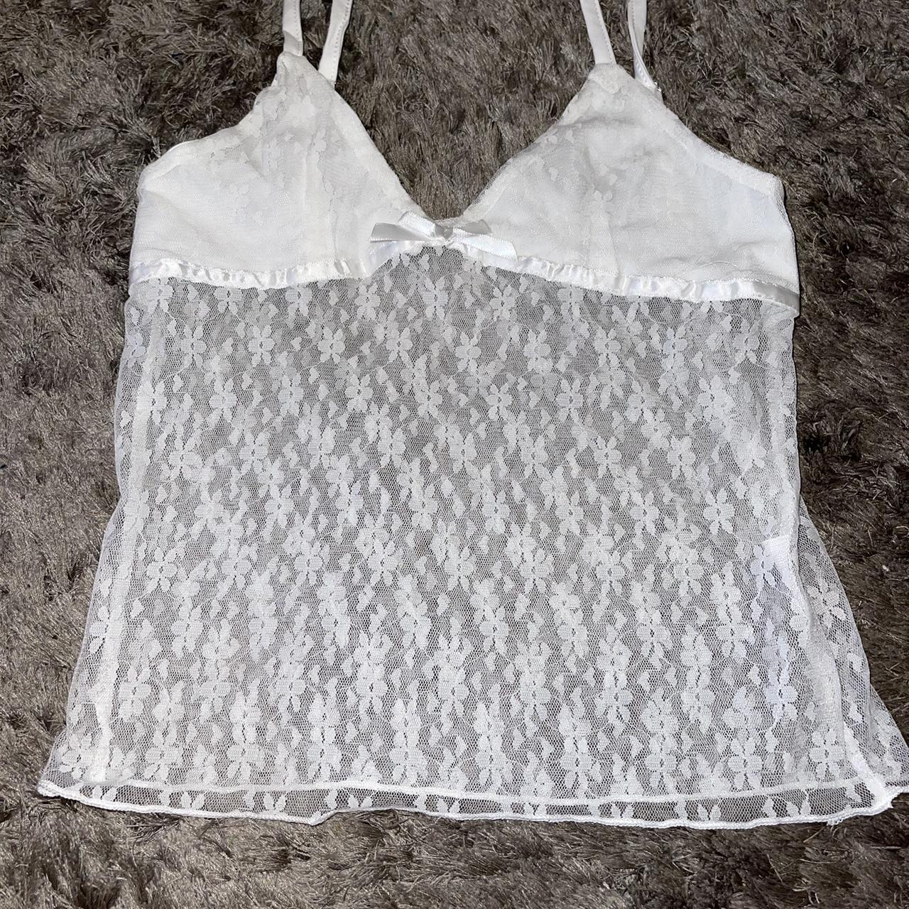 White mesh tank top. Spaghetti straps. Lace cami... - Depop