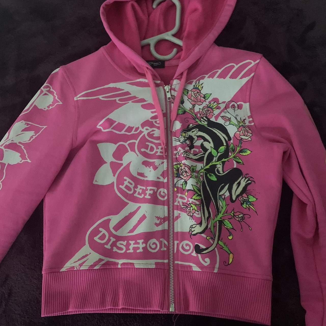 Pink Medium Ed Hardy zip up. Worn only twice - Depop