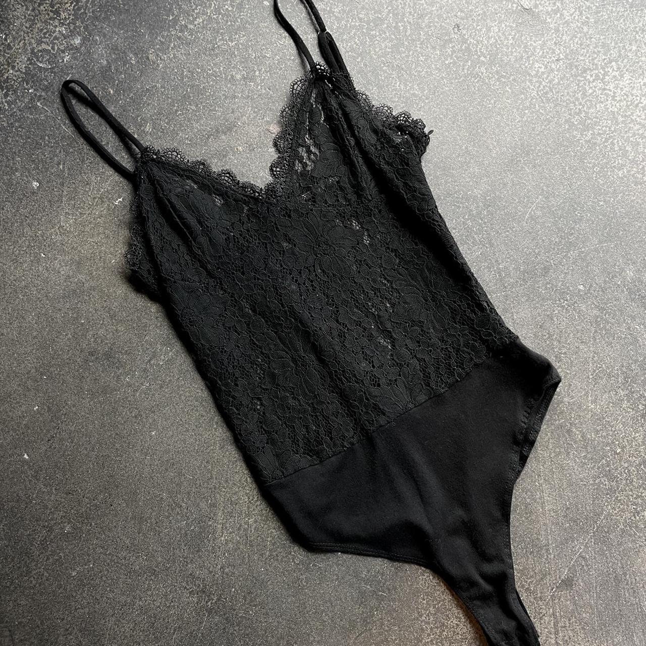 Black lace bodysuit with snap enclosure size small... - Depop