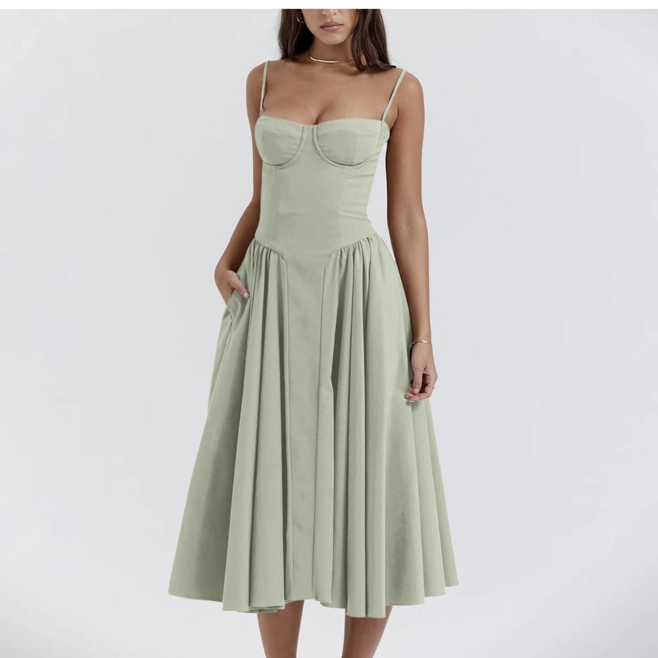 Sage green midi dress with corset outline bust and... - Depop
