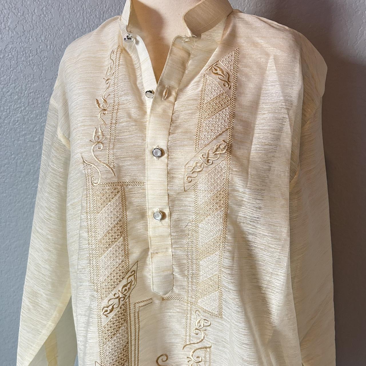 Authentic Pilipino Barong Cream and tan embroidered... | Depop