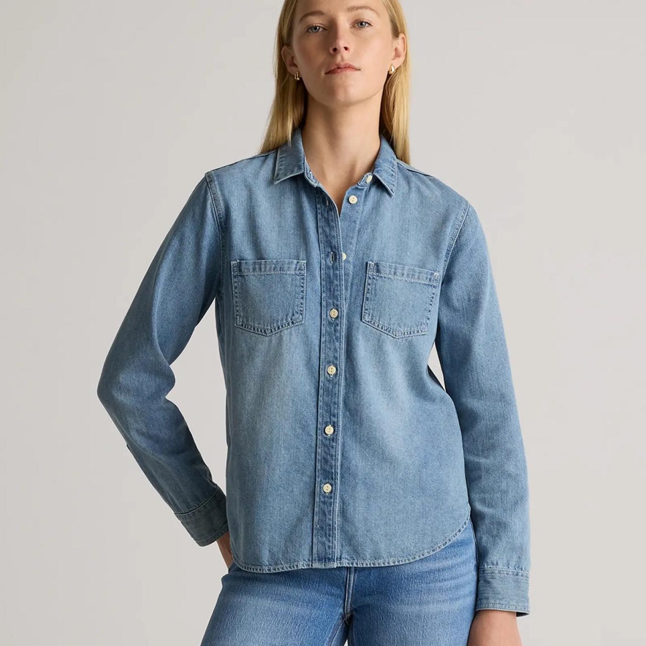 Quince light blue denim button up shirt. The real... | Depop