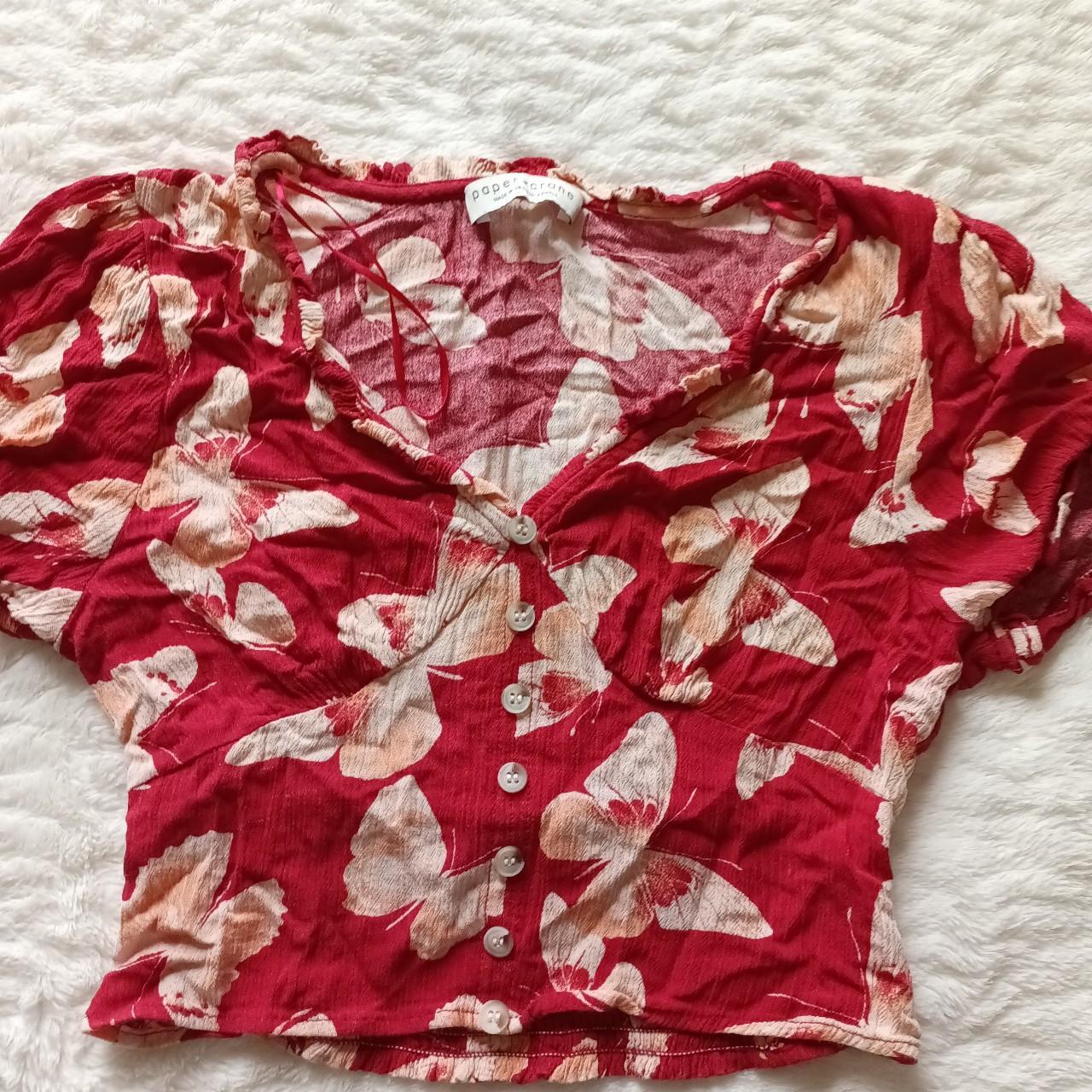 Bad pictures but- red fitted top with butterflies... - Depop