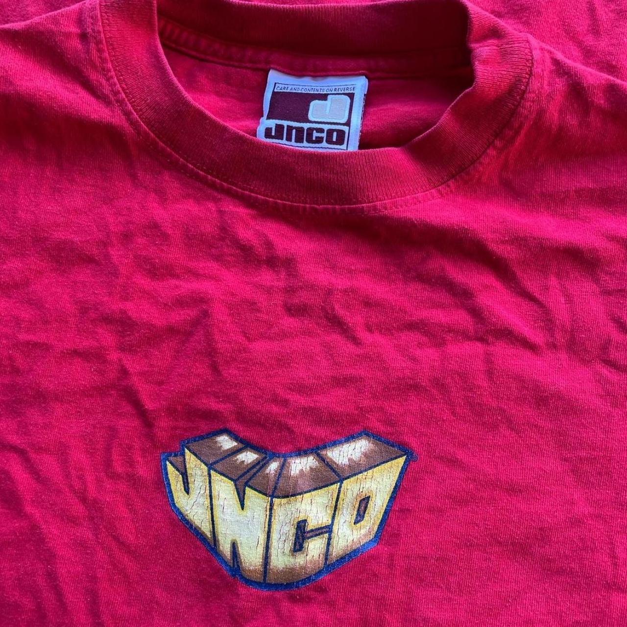 Red 90s Jnco shirt Pretty used has some really small... - Depop