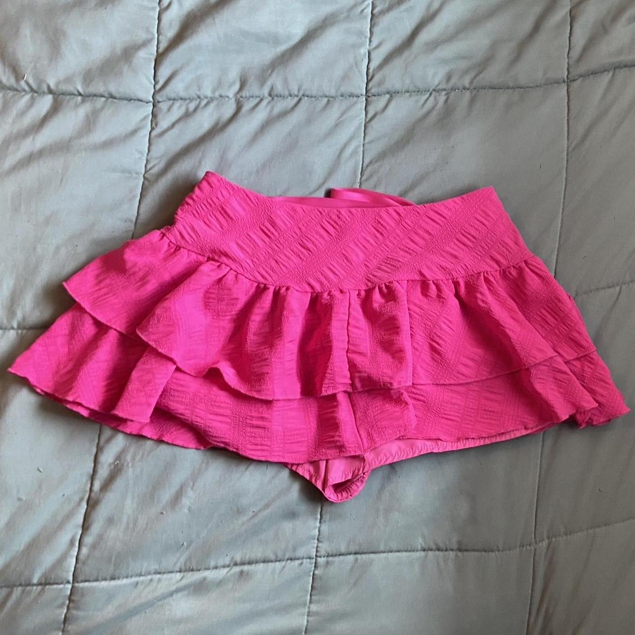 Hot pink ruffle skirt with bow and tie detail Worn... - Depop