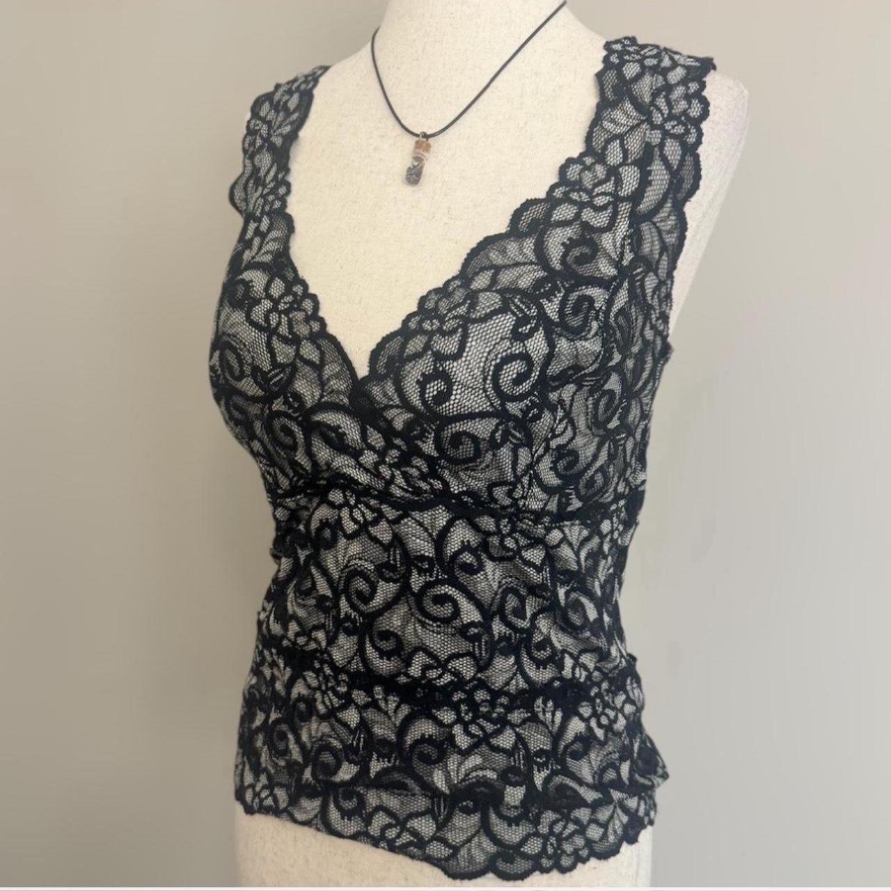 Gothic Y2K black lace v-neck tank top with a ruffle... - Depop