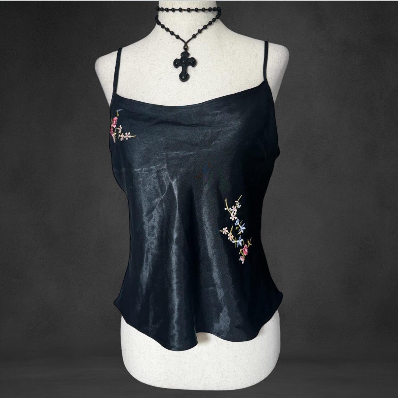 Y2K Whimsy gothic cami with floral embroidery... - Depop