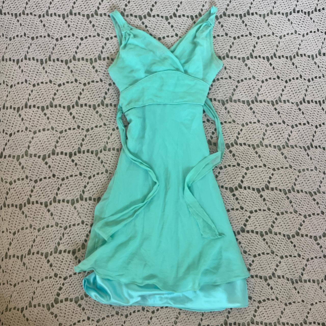 express teal mini dress with tie back 100% silk... | Depop