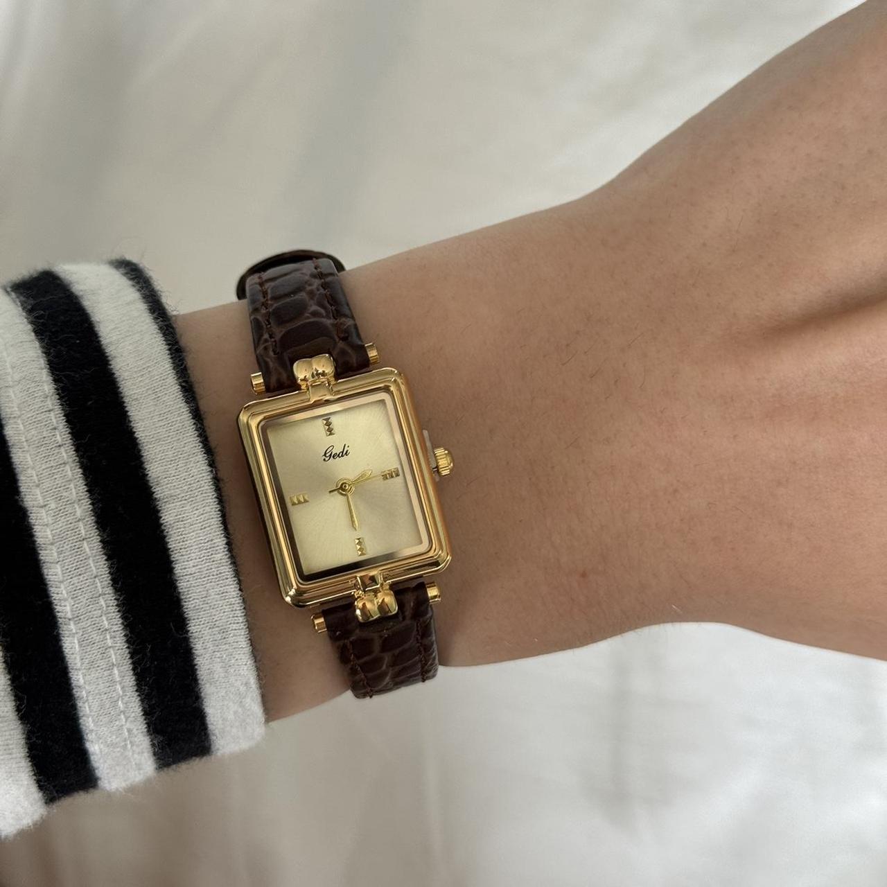 New vintage style , gold watch with brown leather... - Depop
