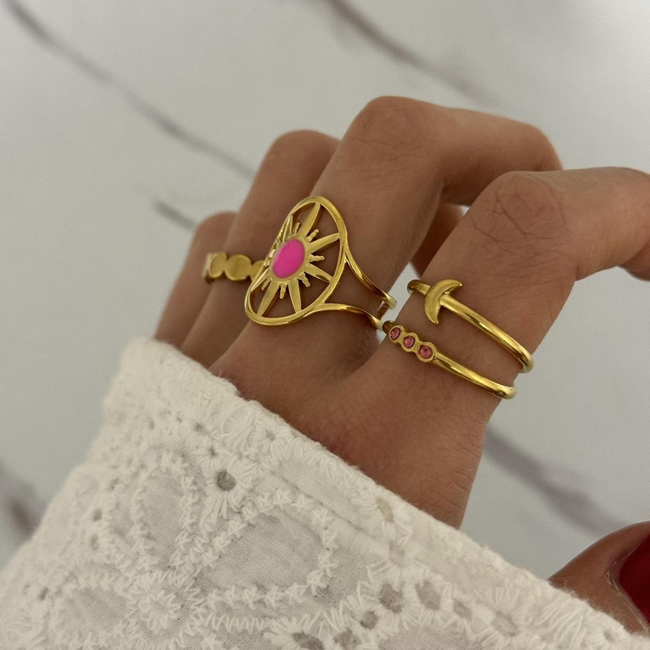 New set of 3 gold rings with sun , moon and zircon... - Depop