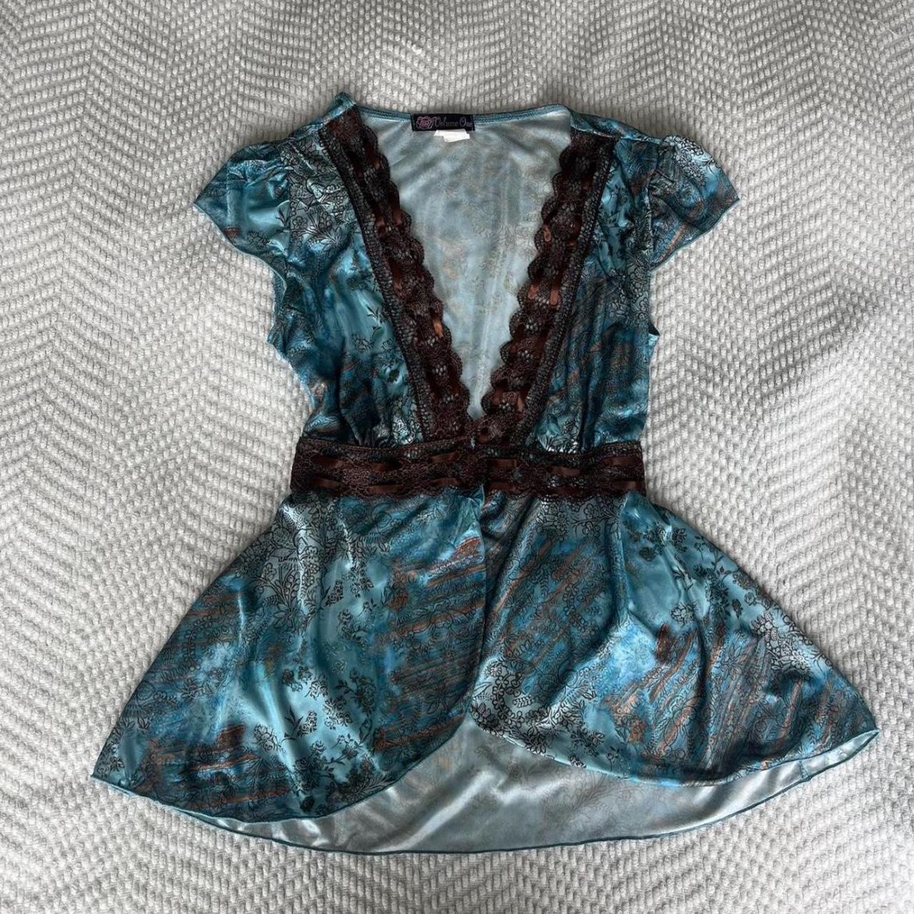 Vintage blue and brown print open top with lace... | Depop