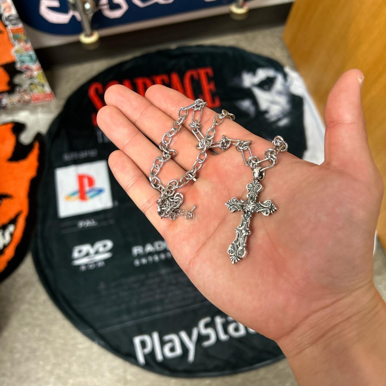 Silver cross necklace chain #y2k #chromehearts... - Depop