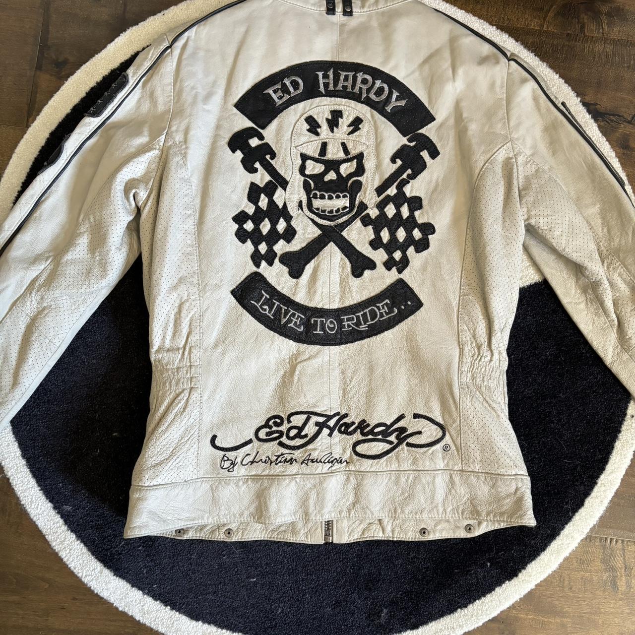 vintage Ed Hardy leather jacket with skull on... - Depop