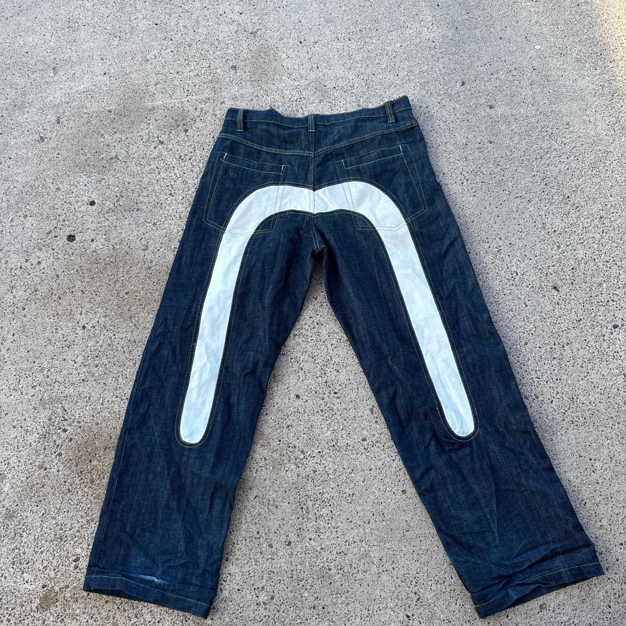 Evisu y2k big back side white print dark blue jeans.... | Depop