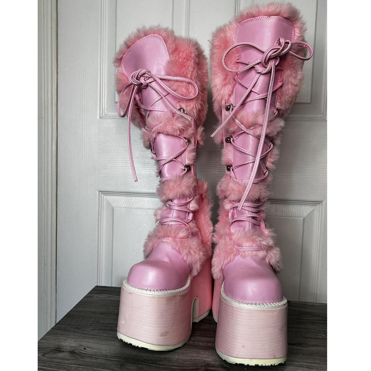 Pink fur platform Demonia boots! 🫧🌸💕🧸 Gently used... - Depop