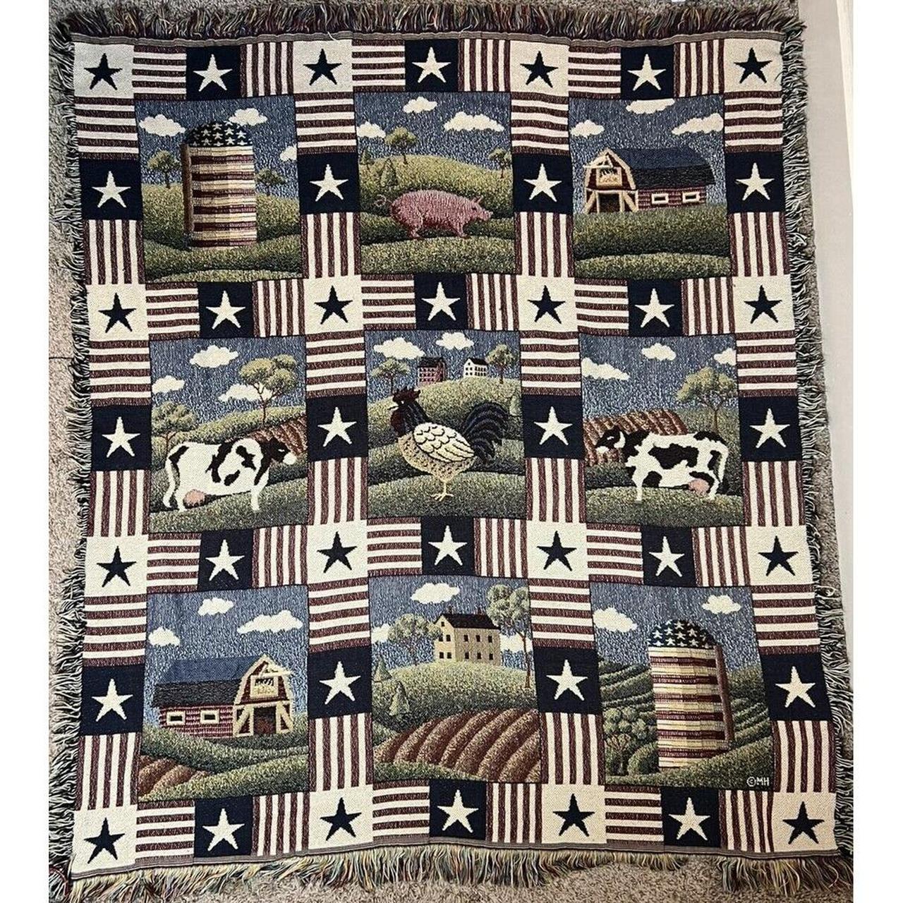 Vintage Americana Country Barn Tapestry Fringe Throw... | Depop
