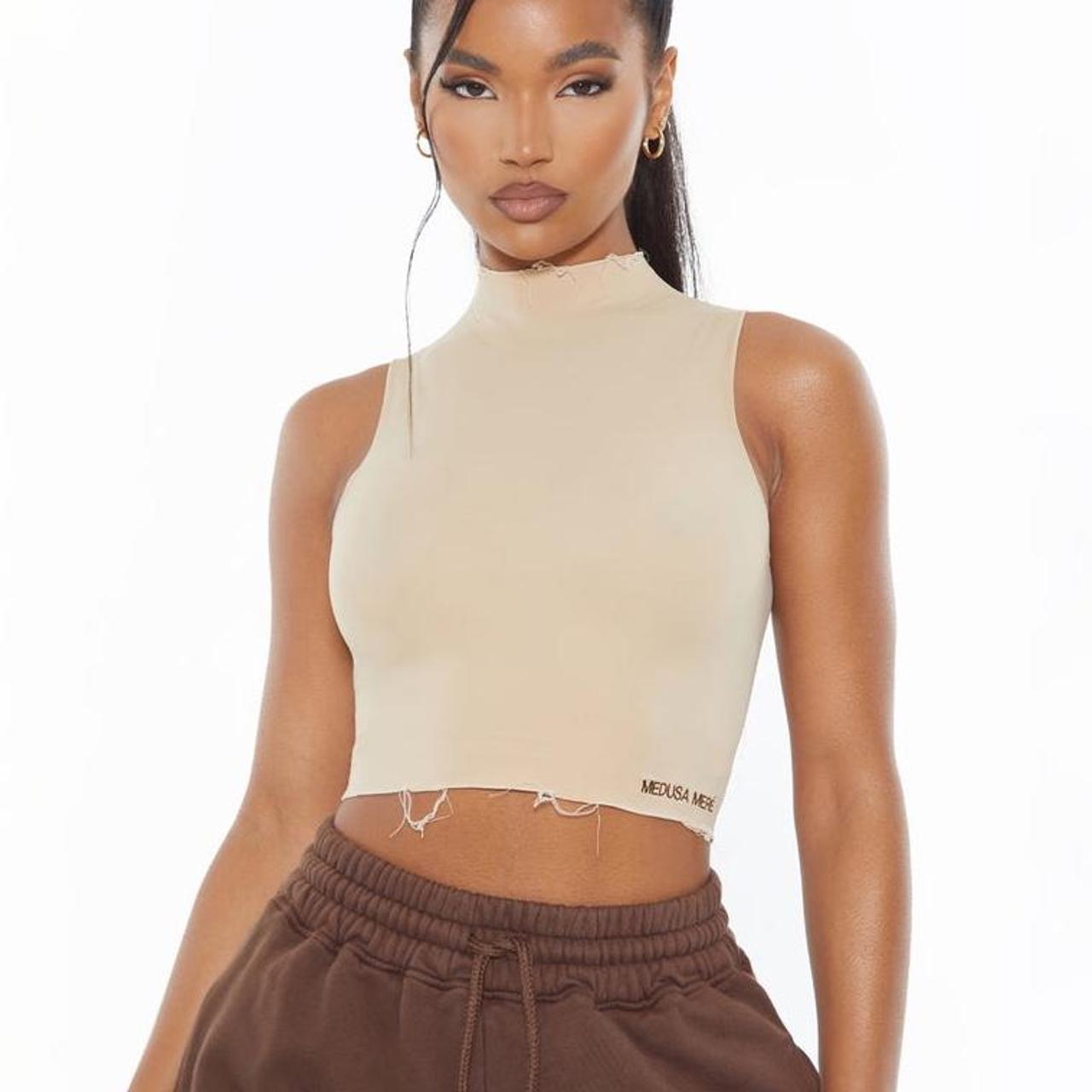 Women's Cream and Tan Crop-top | Depop