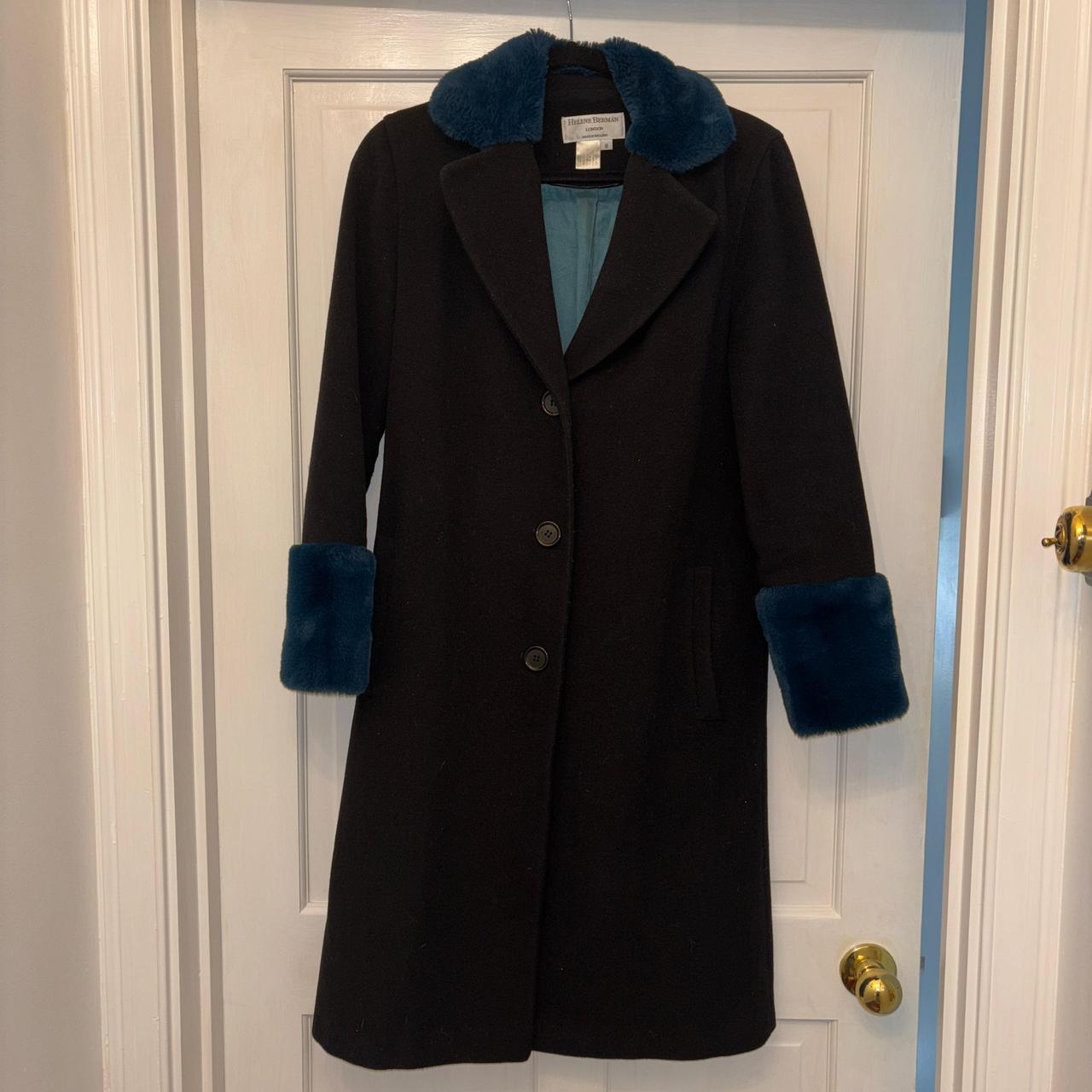 Helene Berman Coat. Black wool coat with blue/ green... | Depop