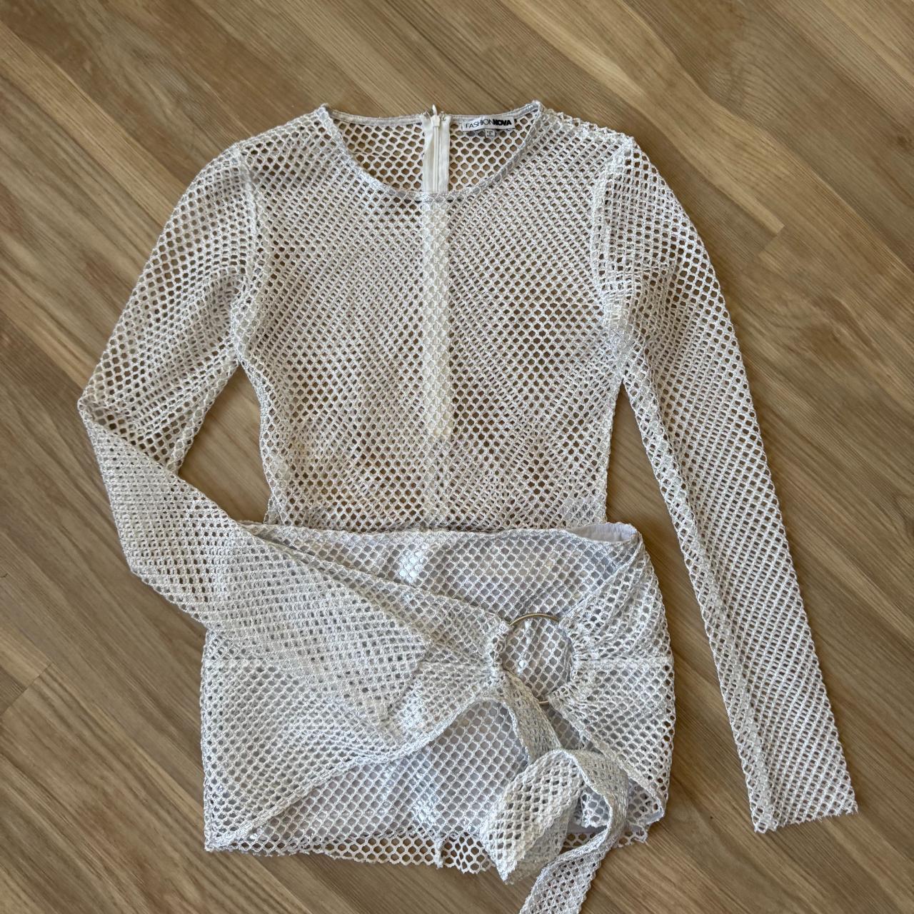 silver & white mesh bodysuit and skirt set used just... | Depop