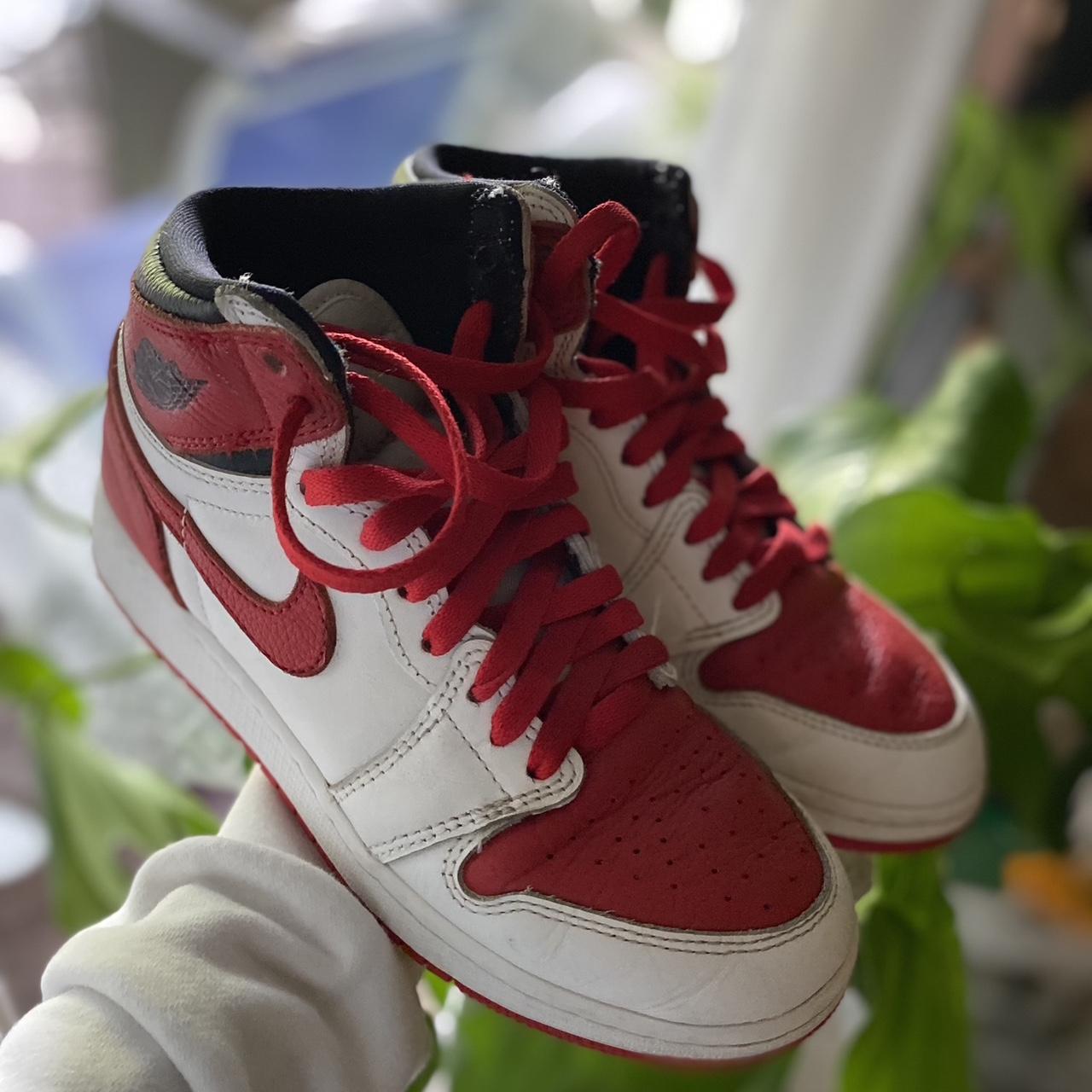 Size 5Y Air Jordan 1s red and white like new - Depop