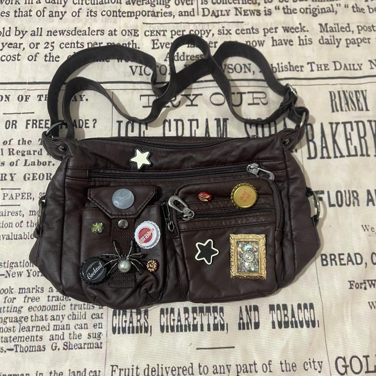 Brown Random Button Bottle Cap Design Shoulder Bag,... - Depop