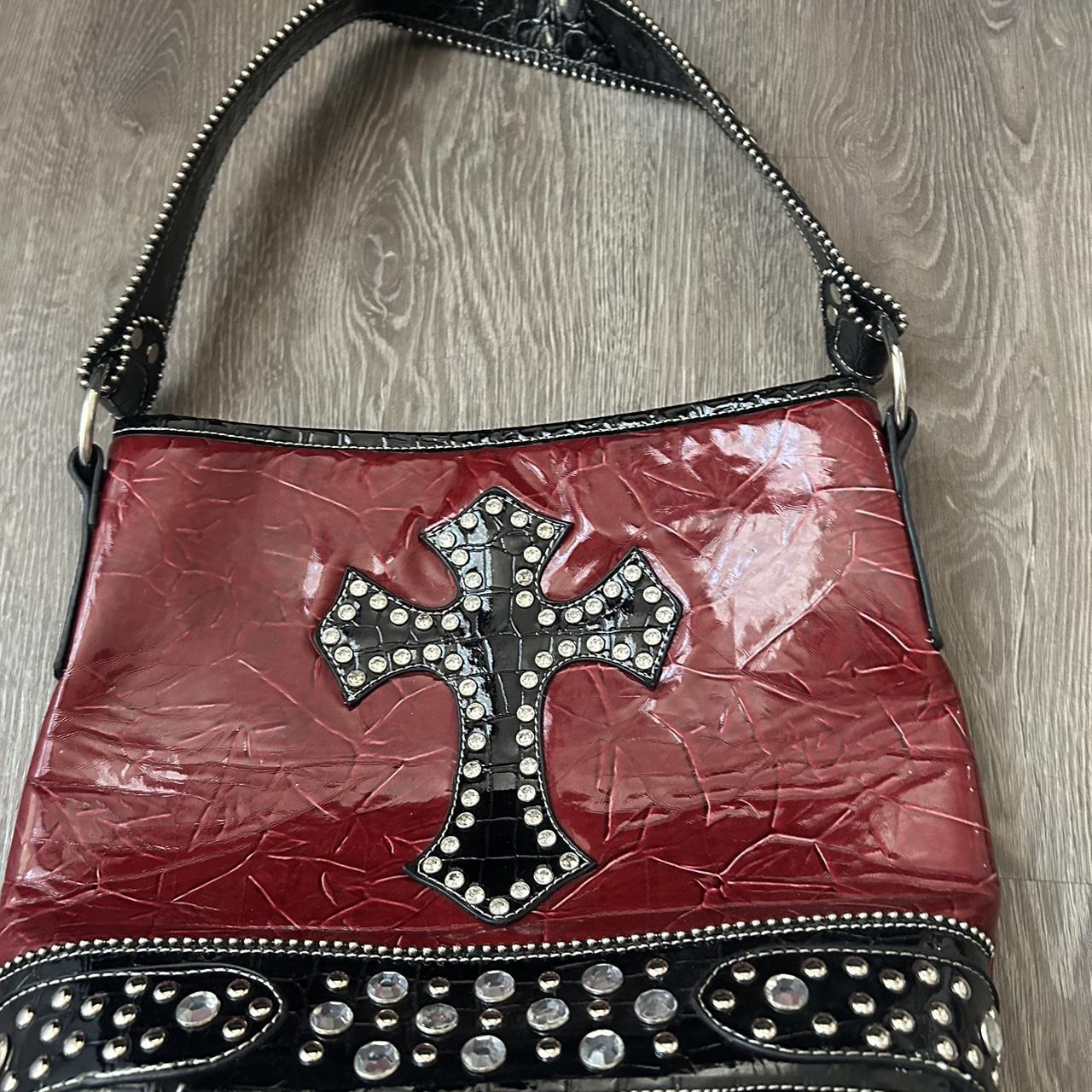 burgandy/black y2k cross blinged out bag #y2k #emo... - Depop
