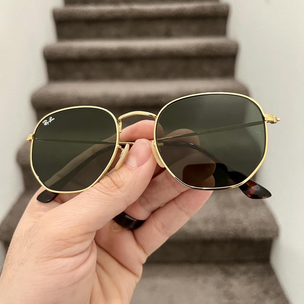 New Ray-Ban Hexagonal RB3548 Sunglasses 54mm Gold/Green | Depop