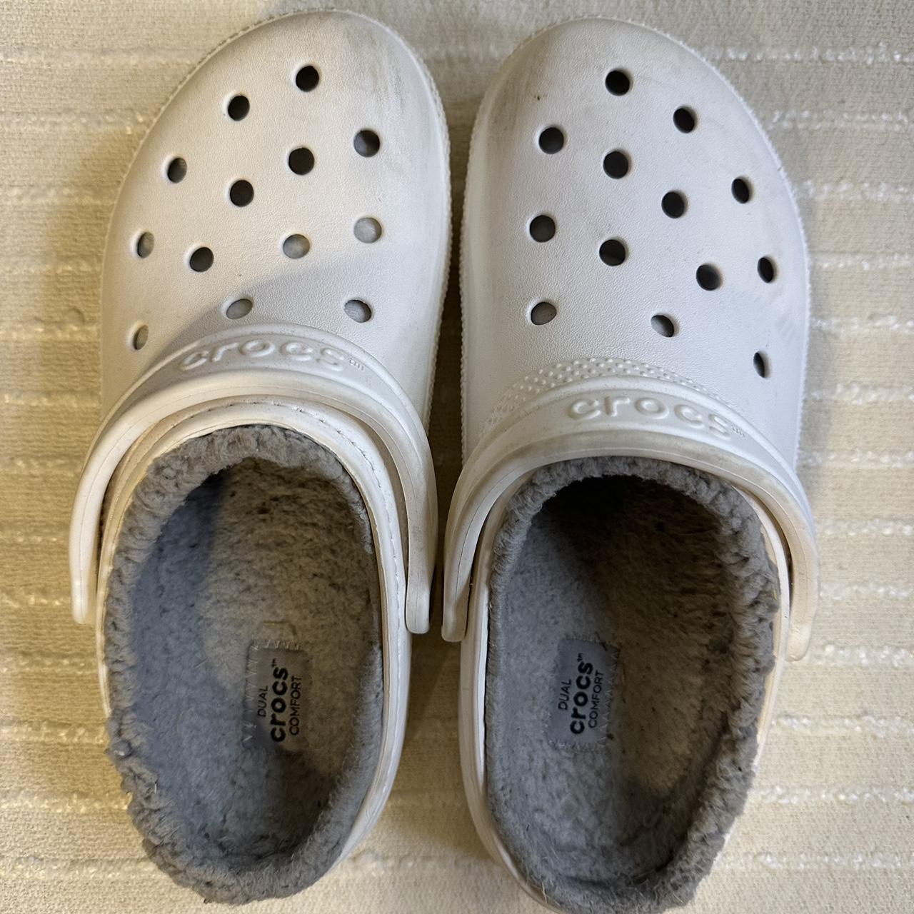 white fluffy super comfy crocs #crocs #fluffy #comfy - Depop
