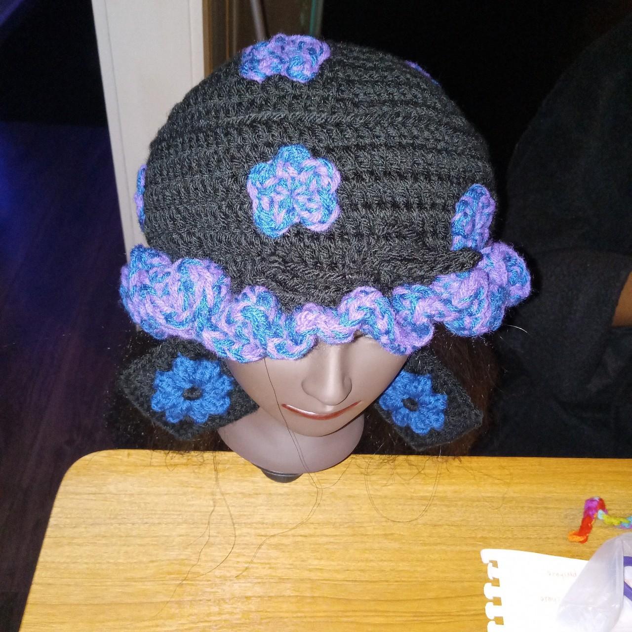 -Handmade Crochet Ruffle Hat with Flowers -Earrings... - Depop