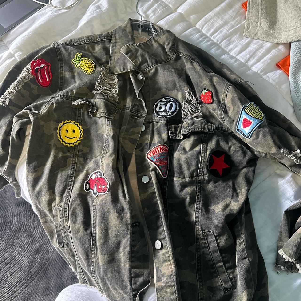 Army denim jacket with custom patches | Depop