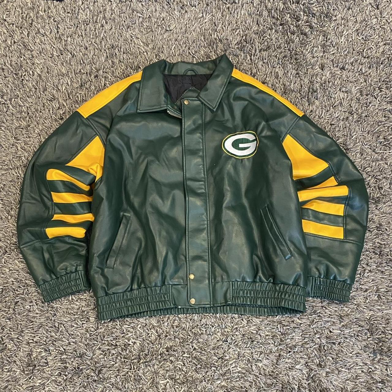 Vintage leather football jacket with a full green... | Depop