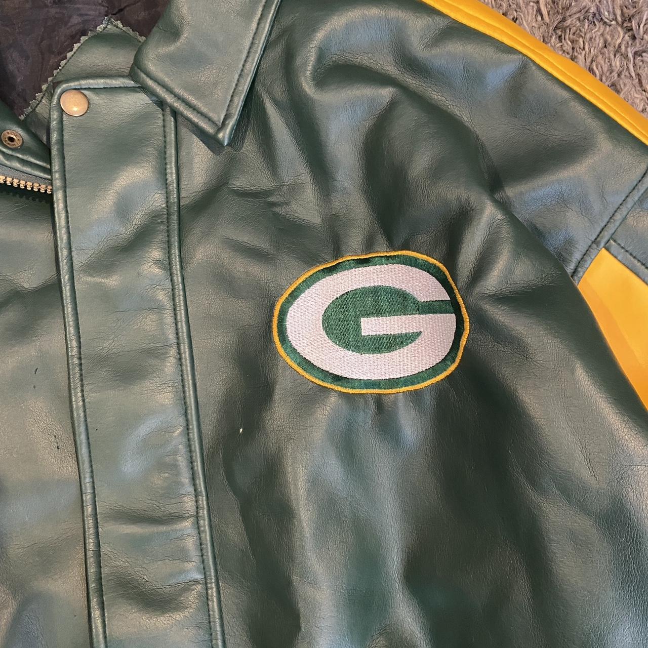 Vintage leather football jacket with a full green... | Depop