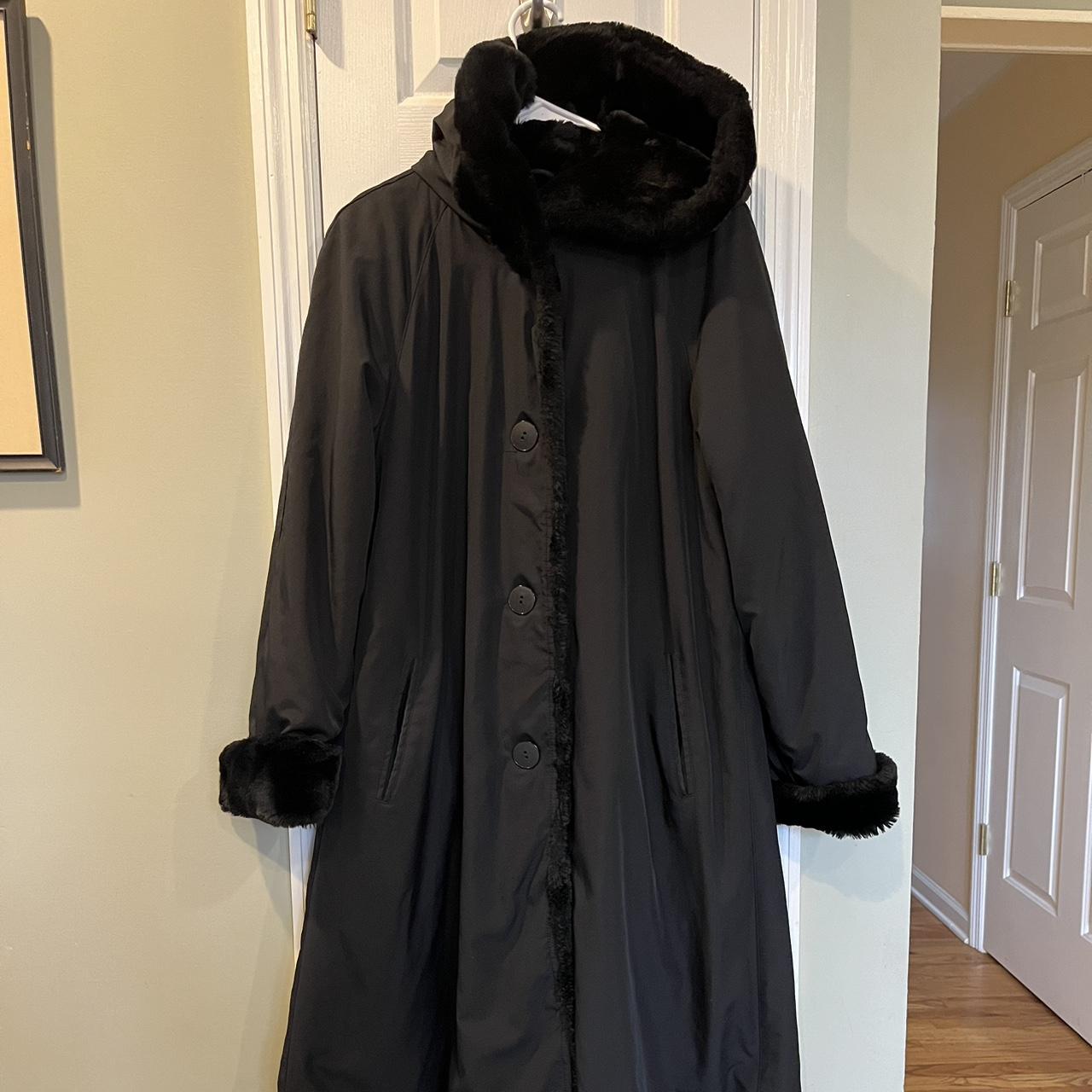 Vintage All Black Fur Trimmed Hood Long Coat size M... - Depop