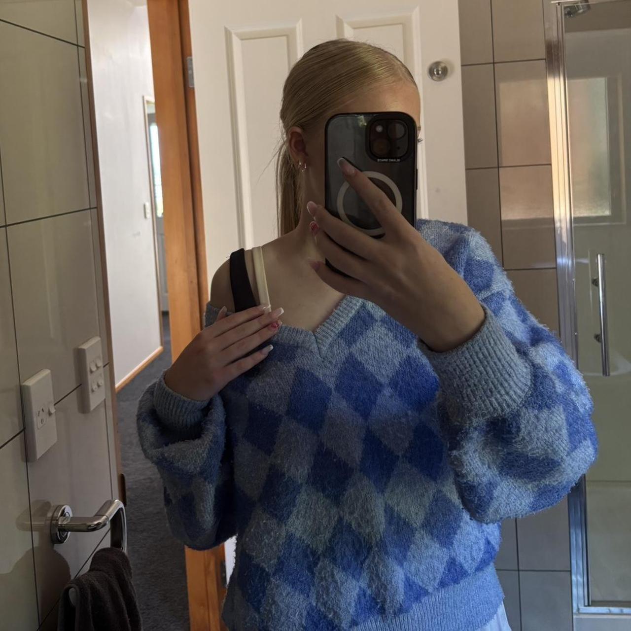Blue and grey checkered sweater perfect for... | Depop