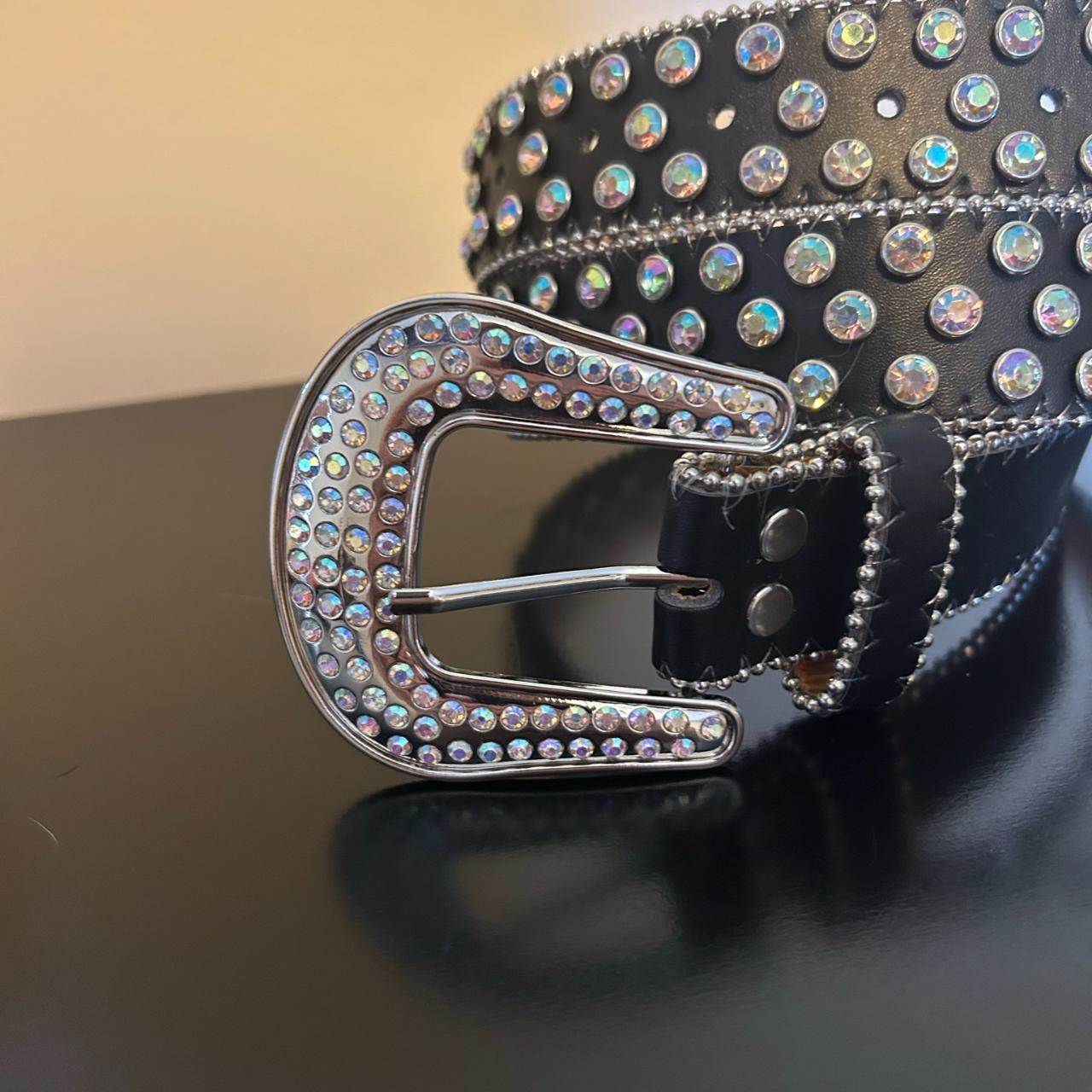 y2k black buckle bb belt grunge rhinestone belt... - Depop