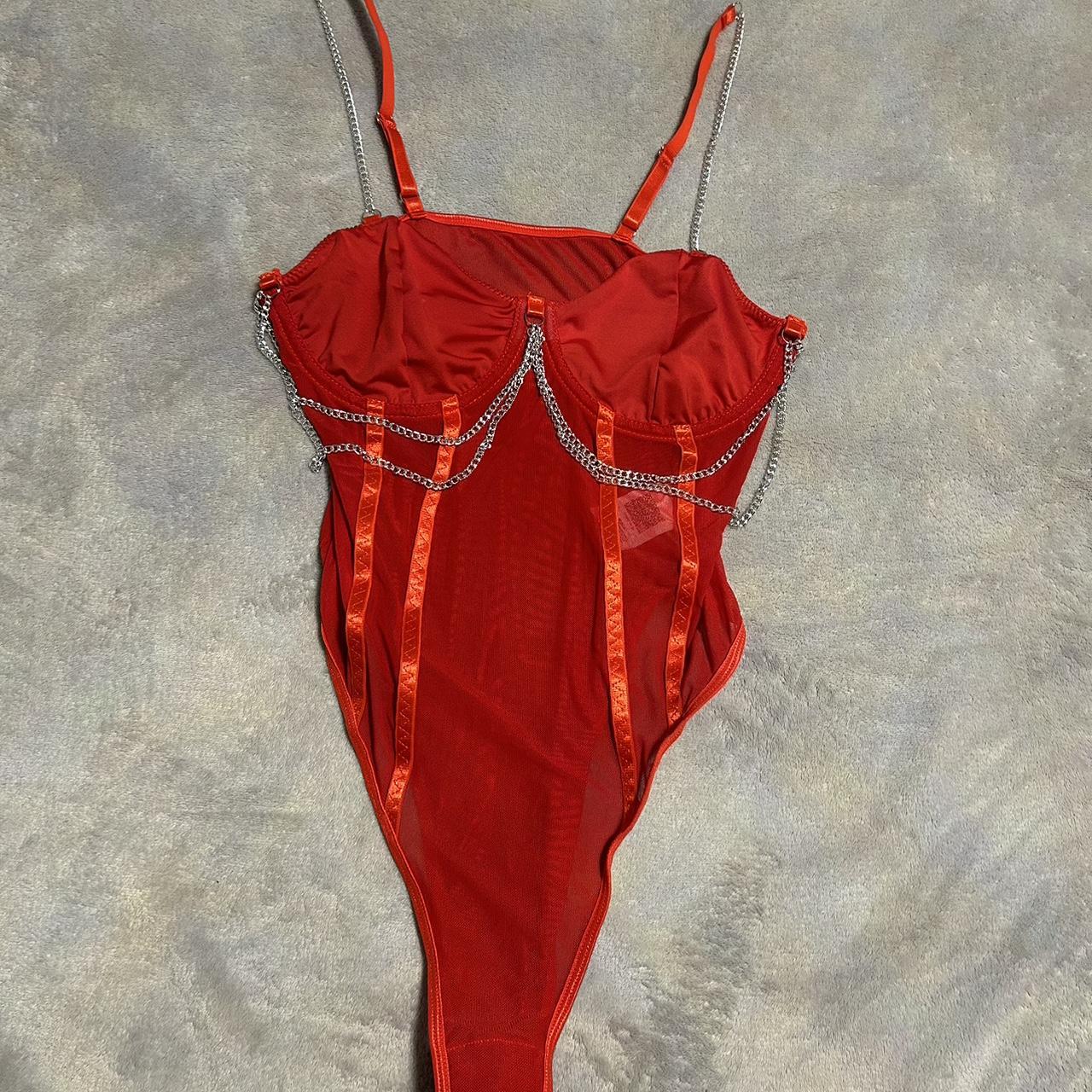 Red mesh bodysuit with silver chain detail never... - Depop